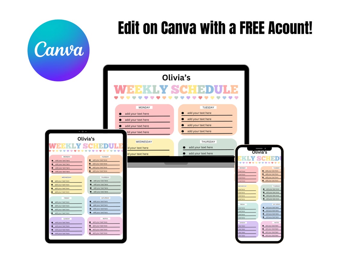 Kids Weekly Schedule- Editable Canva Template- Chore List- Task Planner ...
