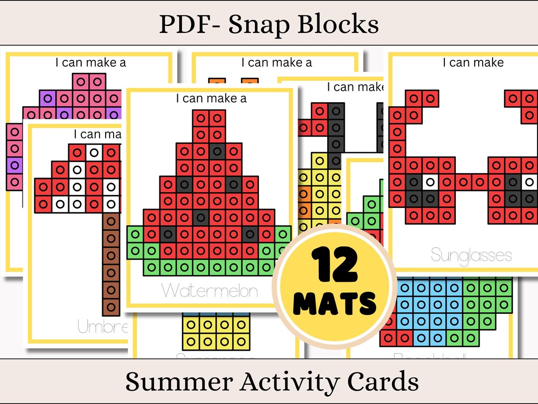 Summer Snap Block Mats- 12 Visual Cards- Preschool, Kindergarten, 1st ...