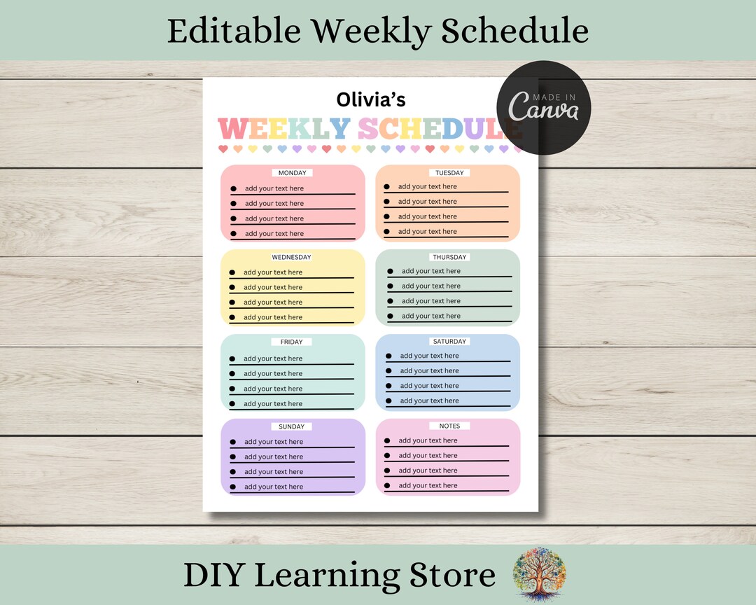 Kids Weekly Schedule- Editable Canva Template- Chore List- Task Planner ...