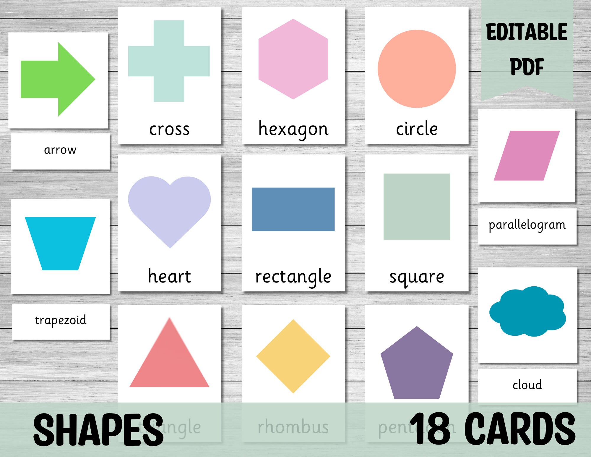 2D Shapes- Montessori 3 Part Flash Cards- Instant Download- Editable ...