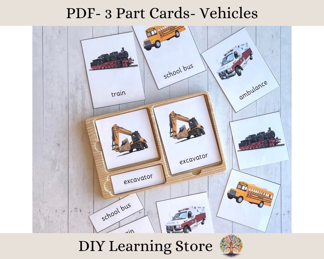 Vehicles- Montessori 3 Part Flash Cards- Instant Download- Editable PDF ...