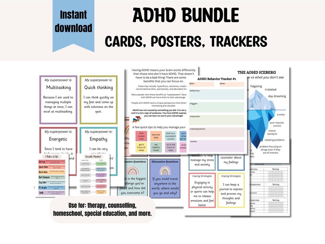 ADHD Bundle- PDF Printable Cards, Posters, and Trackers- Conversation ...