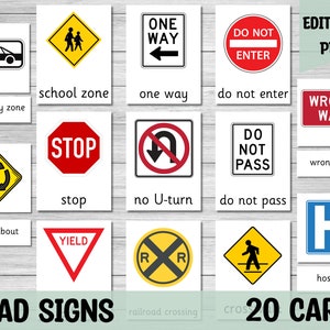 Road Signs- Montessori 3 Part Flash Cards- Instant Download- Editable ...