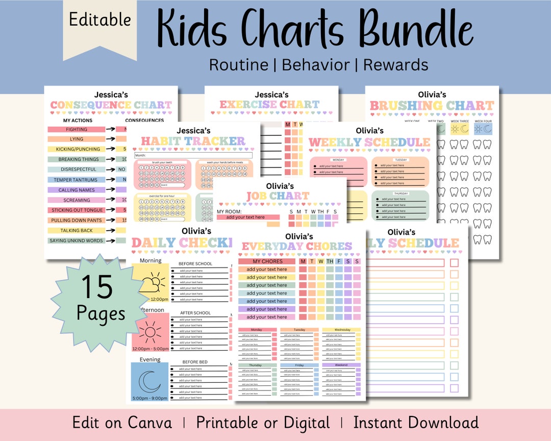 Editable Kids Charts, Chores, Reward, Allowance, Habit Tracker, School ...