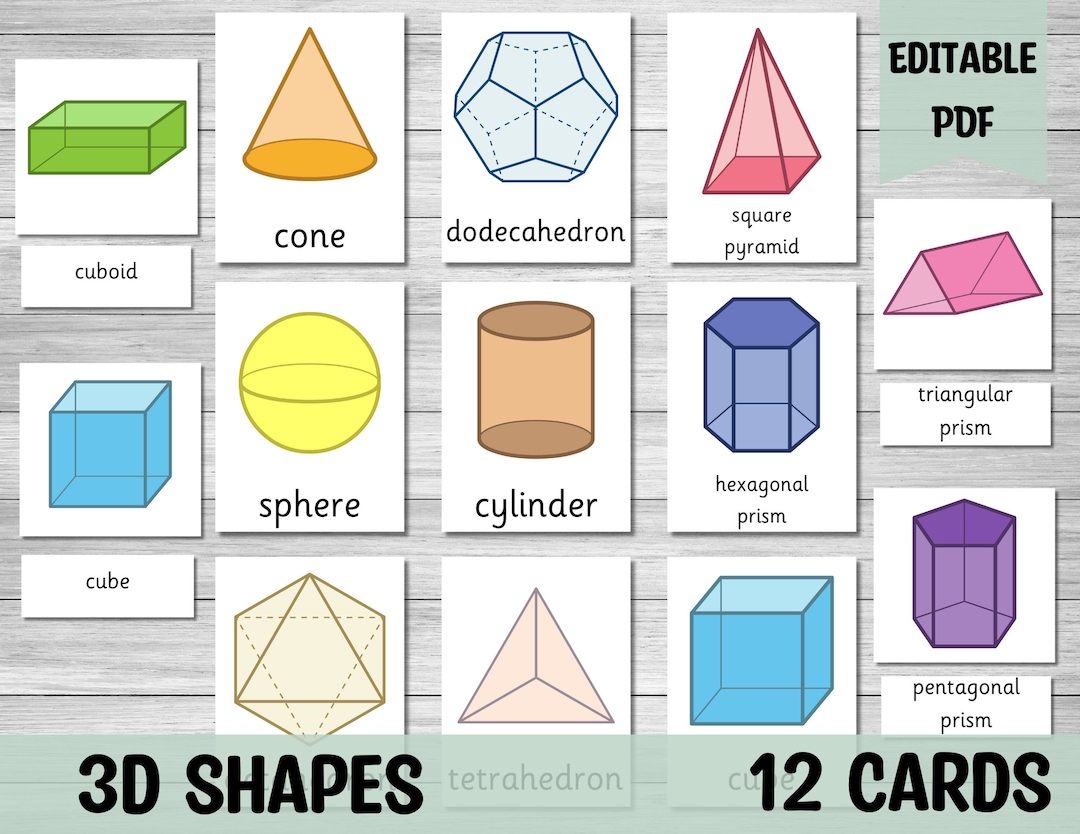 3D Shapes Montessori 3 Part Flash Cards Editable PDF - Etsy
