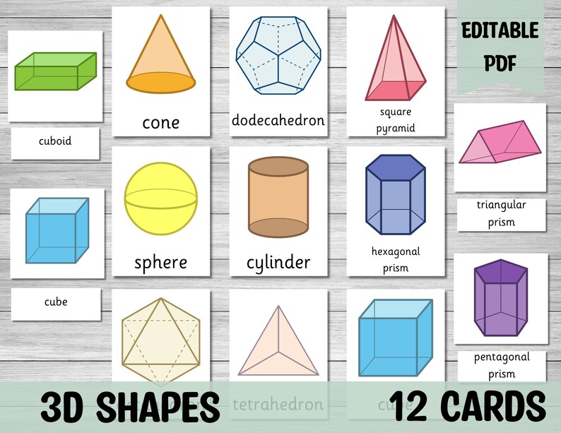 3D Shapes Montessori 3 Part Flash Cards Editable PDF - Etsy