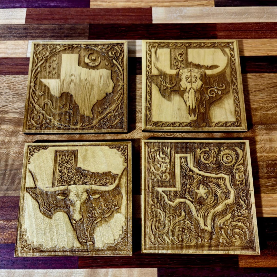 Set of 4 Engraved Wood Coasters, Texas Longhorn Design, Unique Barware ...
