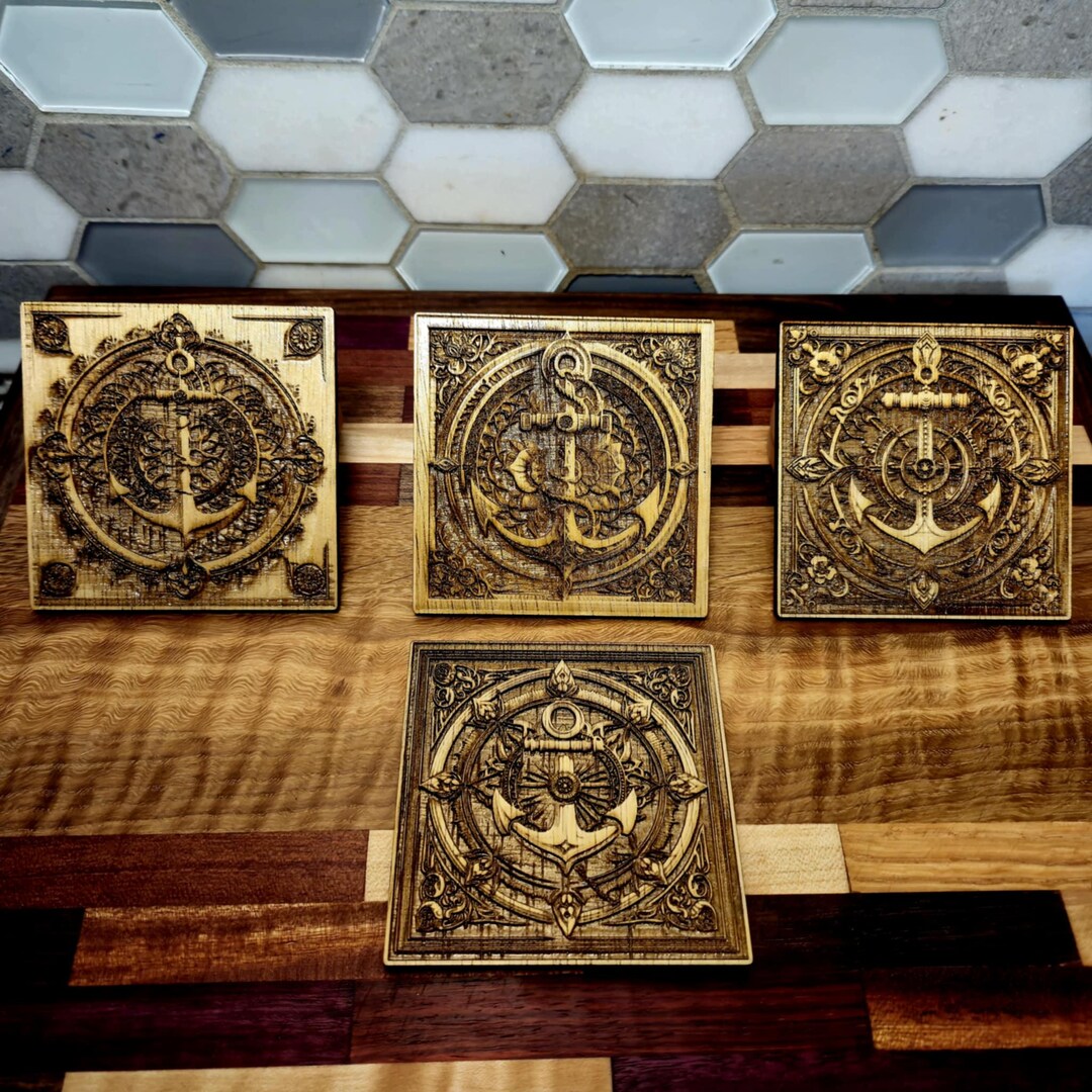 Set of 4 Engraved Wood Coasters, Nautical Anchor Designs, Unique ...