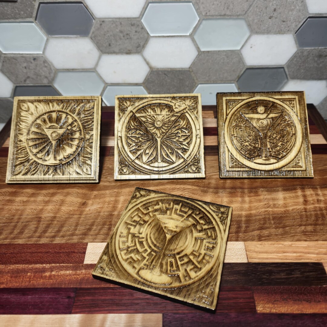 Set of 4 Engraved Wood Coasters, Martini Designs, Unique Barware, Made ...
