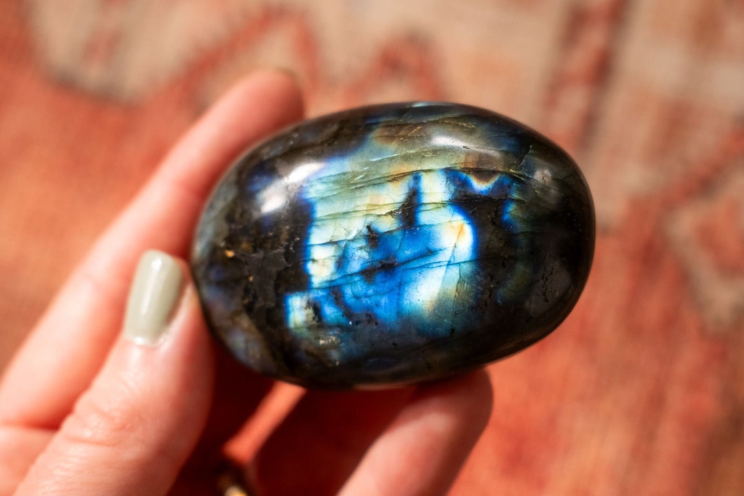 Polished Yellow Labradorite Palm Stone, Medium Crystal, Yellow Flash ...