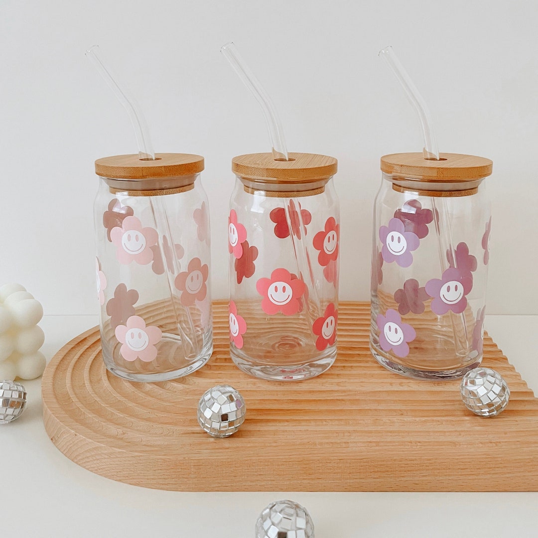 Glass Cups Iced Coffee Cup Trendy Cup Flower Glass Cup Bamboo Lid With ...