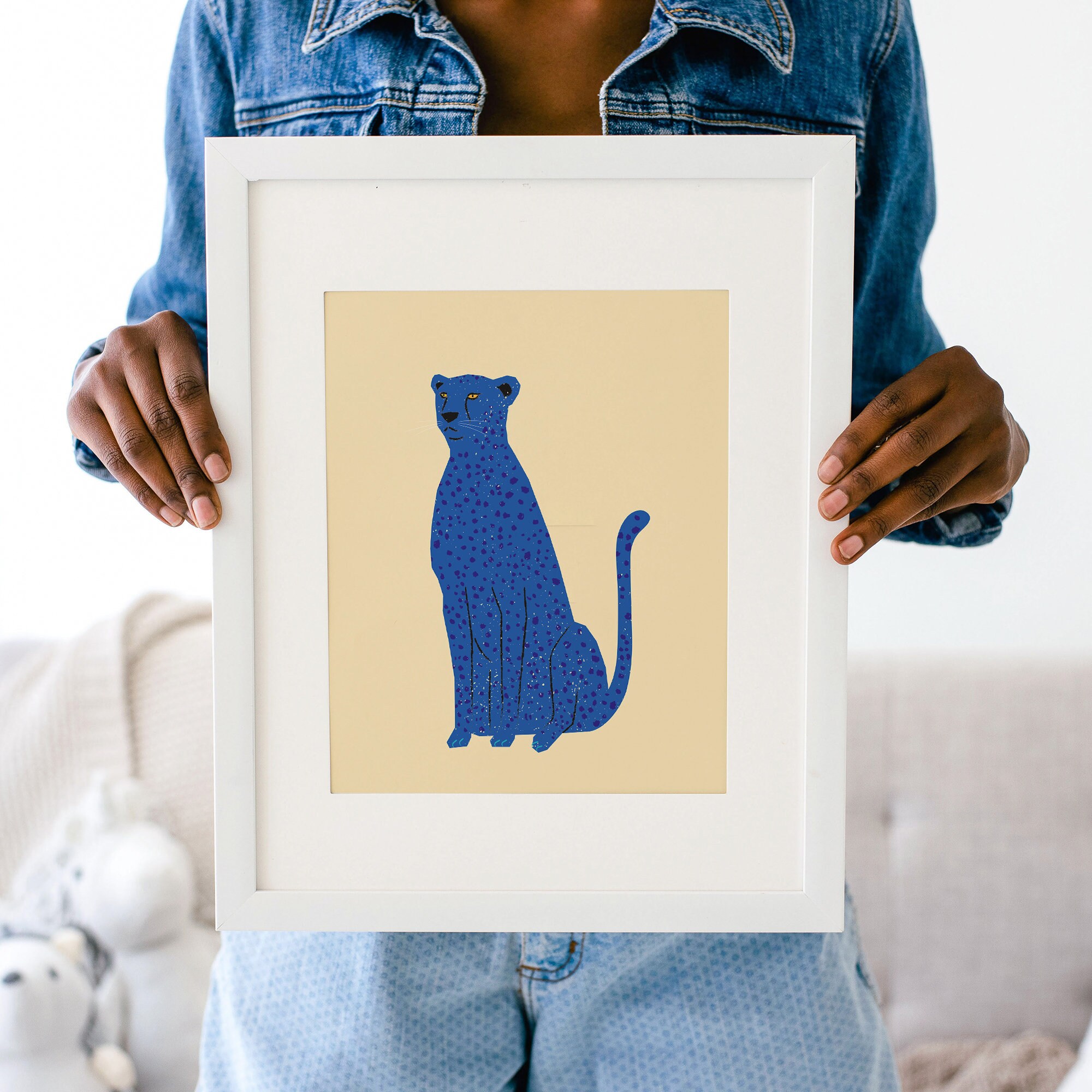 Printable Blue Jaguar Art, Jungle Cat Illustration, Leopard Wall Decor ...