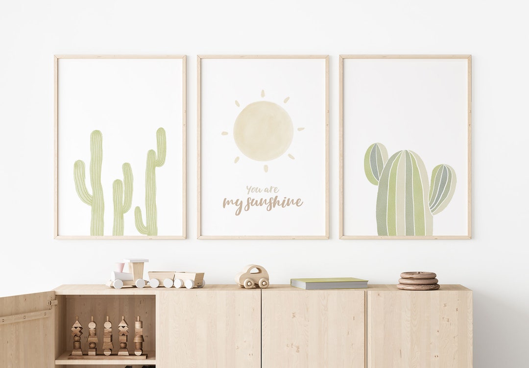 Neutral Cactus Sun Print Set of 3 Watercolor Nursery Wall Art Printable ...