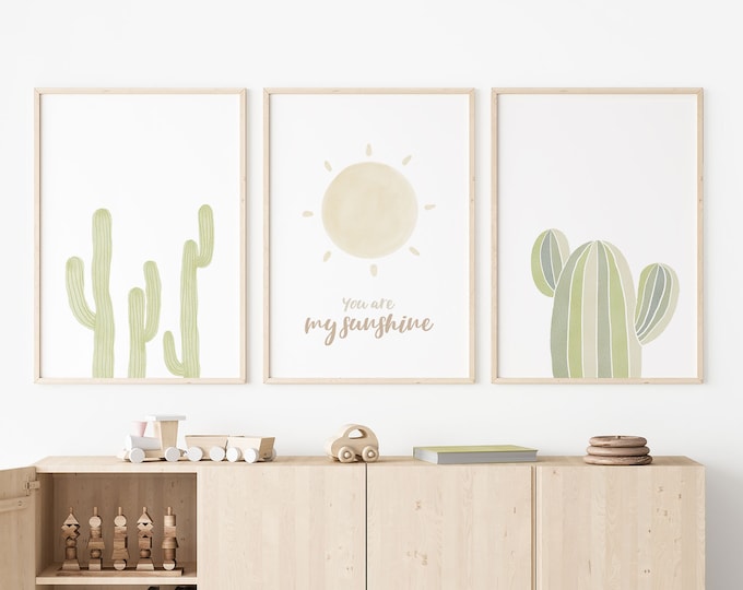 Neutral Cactus Sun Print Set of 3 Watercolor Nursery Wall Art Printable ...