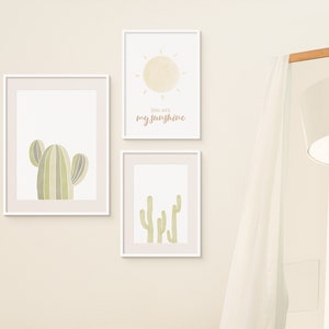 Neutral Cactus Sun Print Set of 3 Watercolor Nursery Wall Art Printable ...