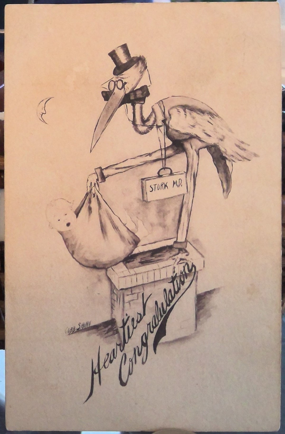 Congratulations, Stork With Baby, Pen and Ink, 1909 - Etsy