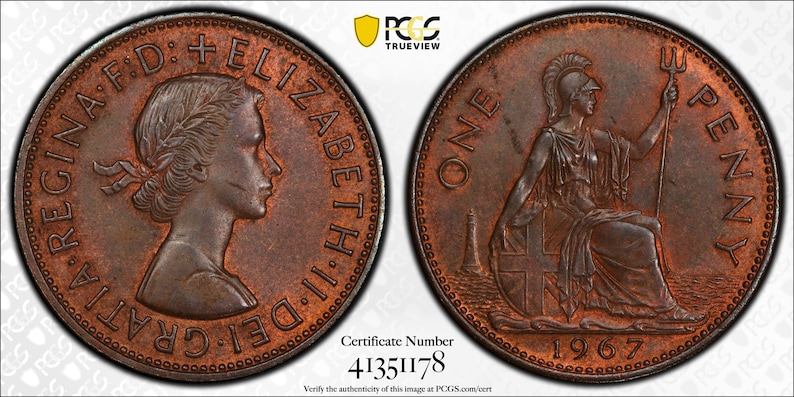 1967 Elizabeth II One Penny Great Britain PCGS Certified Beautiful - Etsy