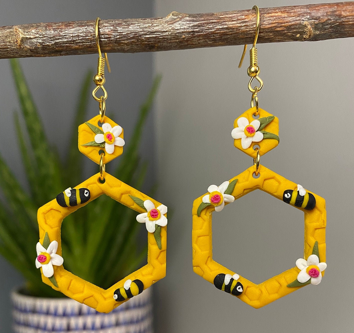 Honeycomb Bee Earrings Polymer Clay Jewellery Handmade | Etsy
