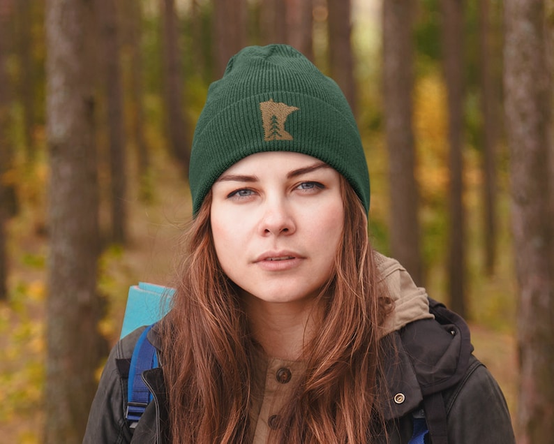 Minnesota Pine Tree / Evergreen Embroidered Cuffed Beanie Knit Hat for ...