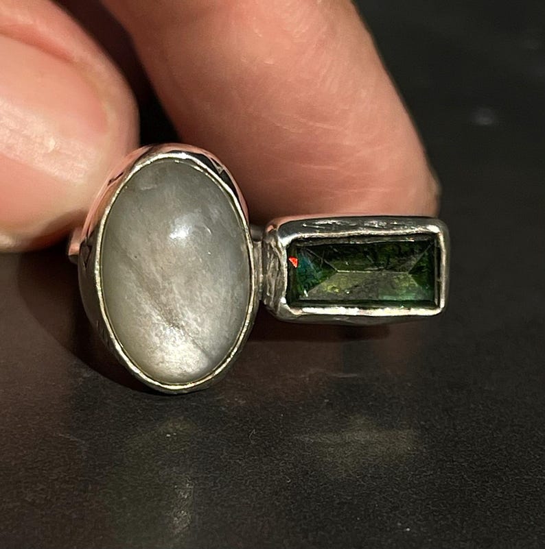 Modern Stacking Ring With Moss Green Tourmaline & Grey Moonstone ...