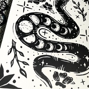 Lunar Phase Snake Print Black and White // Snake Screenprint // Gothic ...
