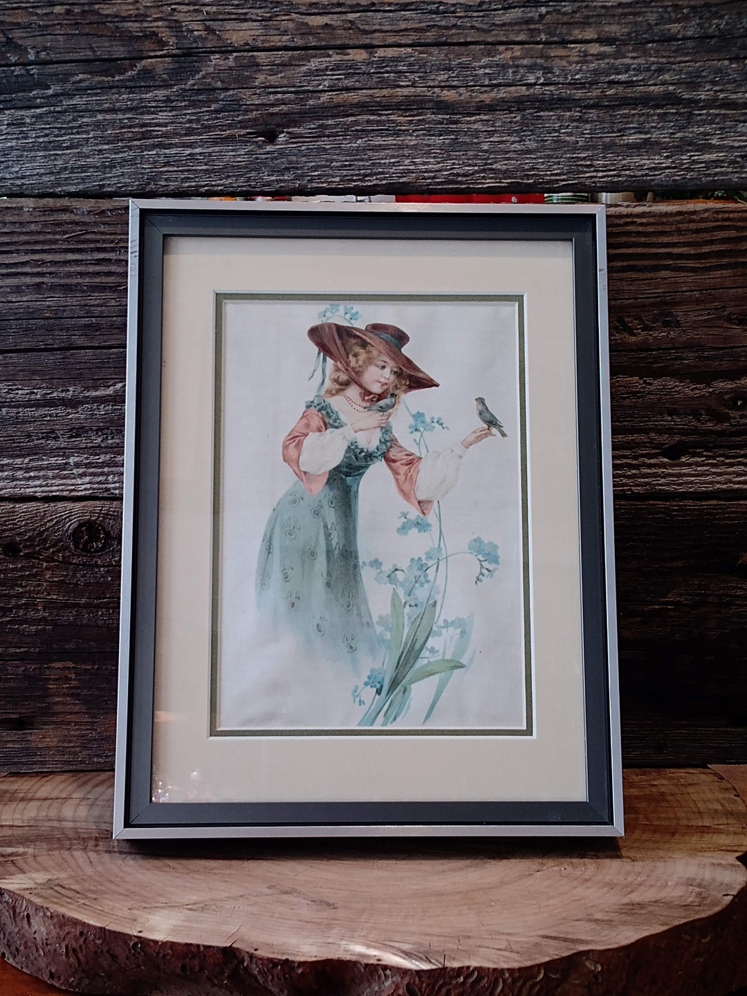 Framed Silk Print of a Lady With Blue Birds and Forget-me-nots - Etsy