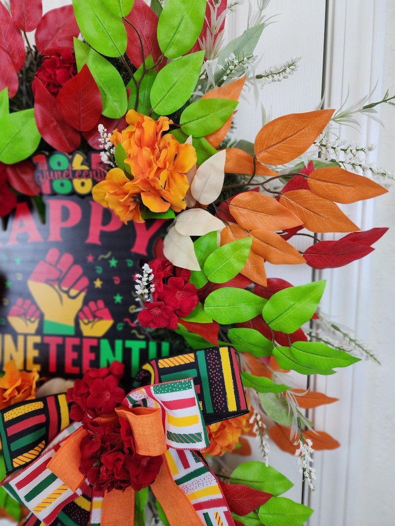 Juneteenth Wreath, Red, Green, Yellow Ficus Leaves, Door Decor (27x27 ...