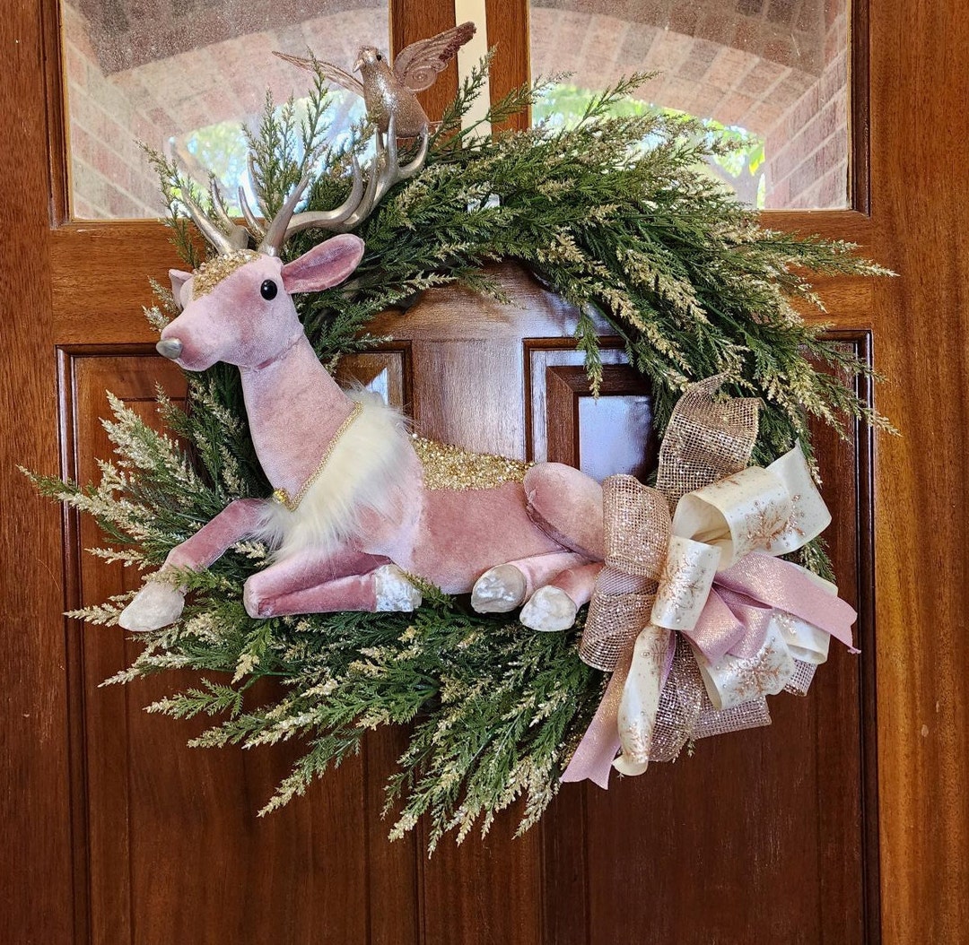 Christmas Deer Wreath, Christmas Grapevine Wreath, Pink Christmas Grapevine Wreath, Whimsical ...