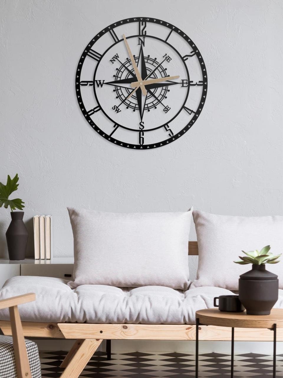 BIFIM Decorative Latin Numeral Metal Wall Clock Compass Themed 45x45cm ...