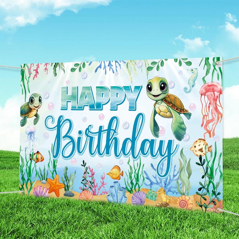 Happy Birthday Party Backdrop Banner Decoration Watercolor Sea Turtle ...
