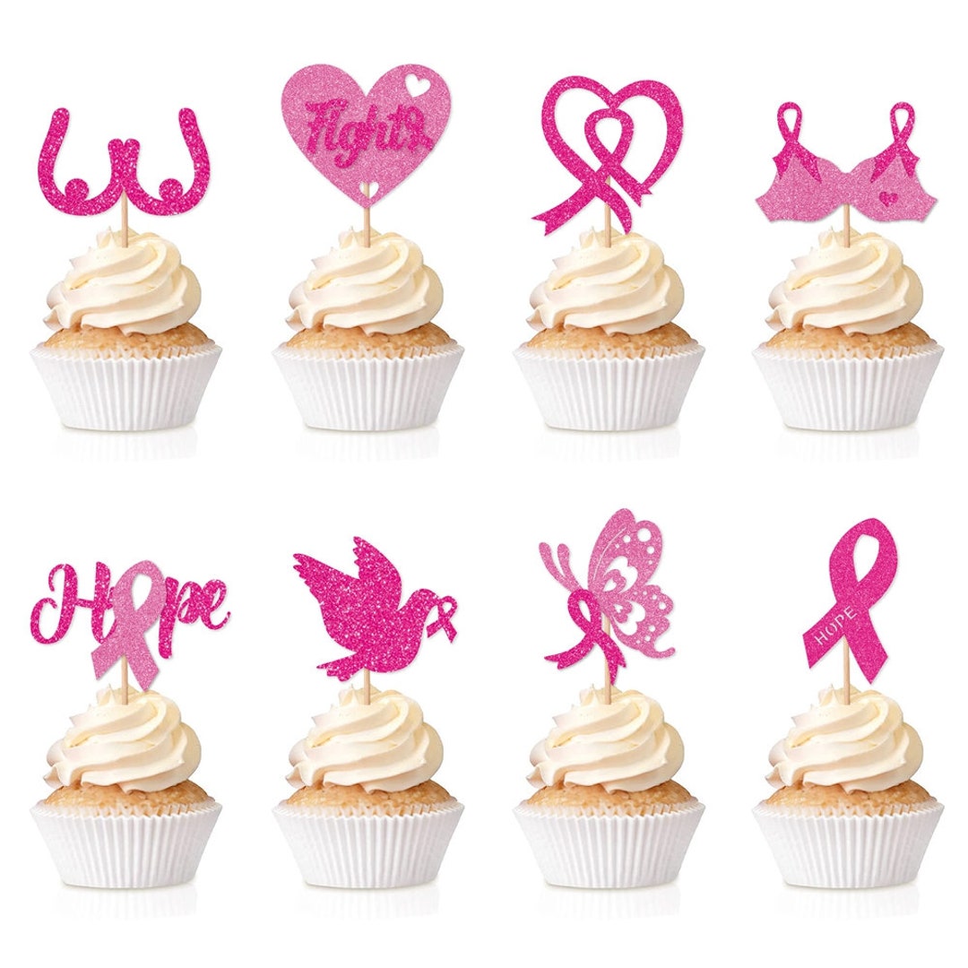 24pcs Breast Cancer Awareness Cupcake Toppers Glitter Pink Breast ...