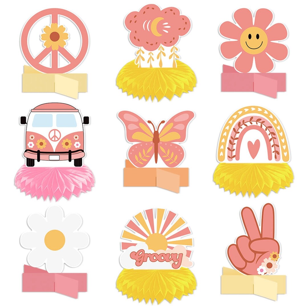 9 Pieces Two Groovy Party Decorations Retro Hippie Boho Party Supplies ...