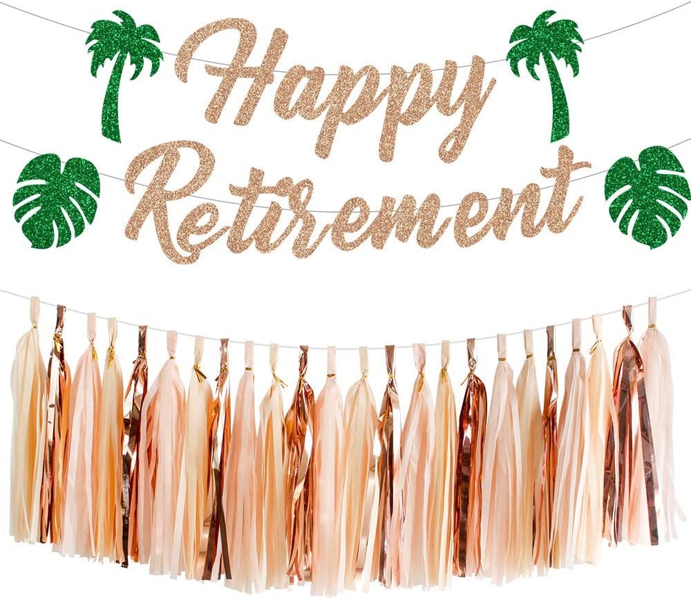 Rose Gold Glitter Happy Retirement Banner With Tassel Garlands for ...