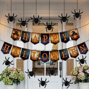 Halloween Party Happy Halloween Banner and Spider Hanging Supplies ...