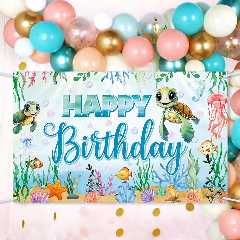Happy Birthday Party Backdrop Banner Decoration Watercolor Sea Turtle ...