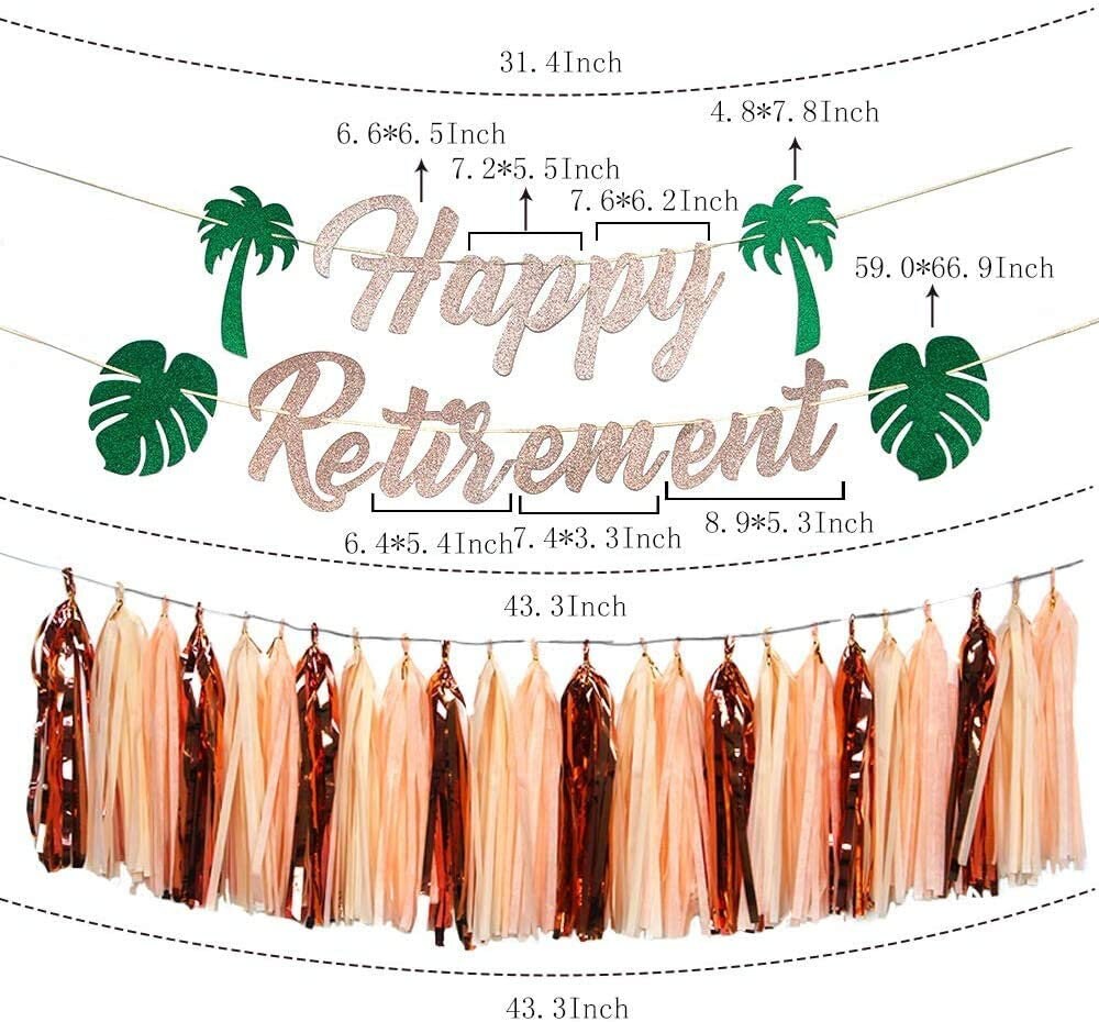 Rose Gold Glitter Happy Retirement Banner With Tassel Garlands for ...
