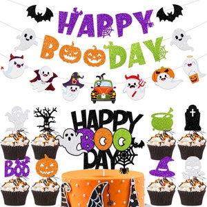 Happy Boo-day Banner Pumpkin Cupcake Topper Ghost Boo Theme for Kids ...