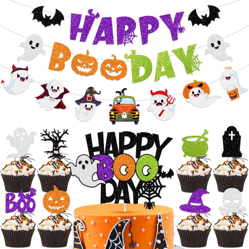 Happy Boo-day Banner Pumpkin Cupcake Topper Ghost Boo Theme for Kids ...