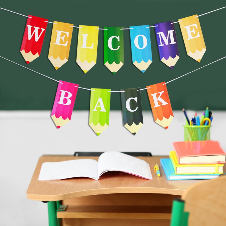 Welcome Back Banner Bulletin Board Pencil Stationery Banner Classroom ...