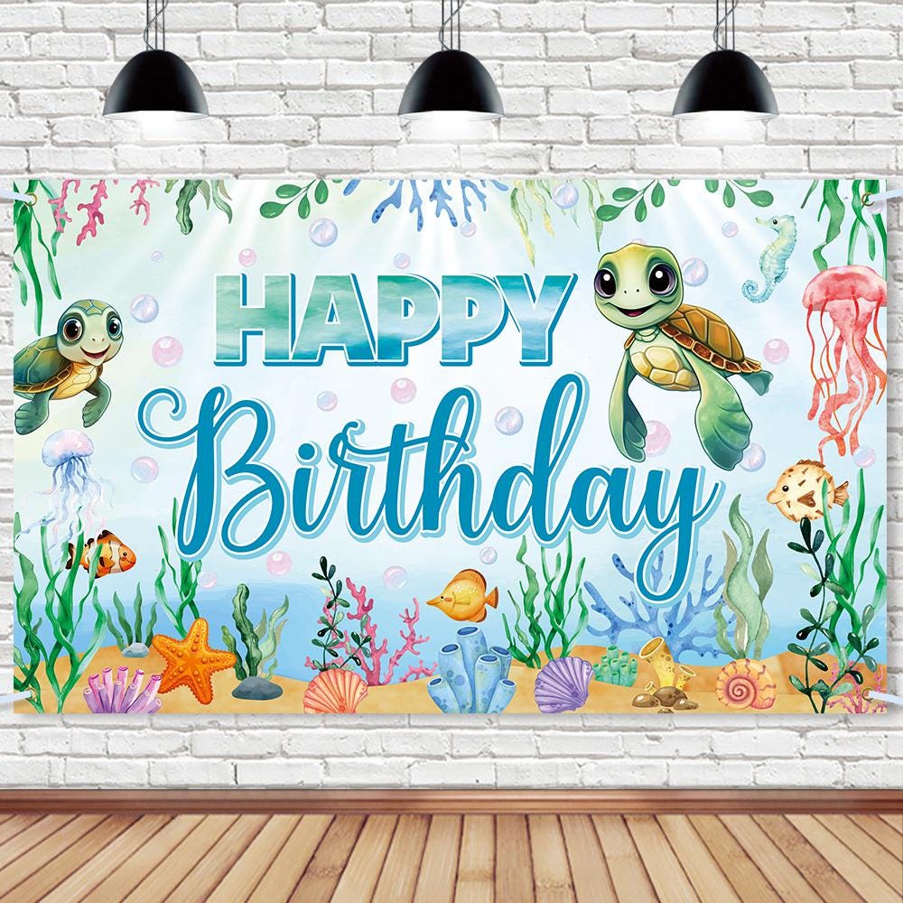 Happy Birthday Party Backdrop Banner Decoration Watercolor Sea Turtle ...