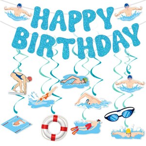 Swimming Birthday Party Decorations Swimming Happy Birthday Glitter ...