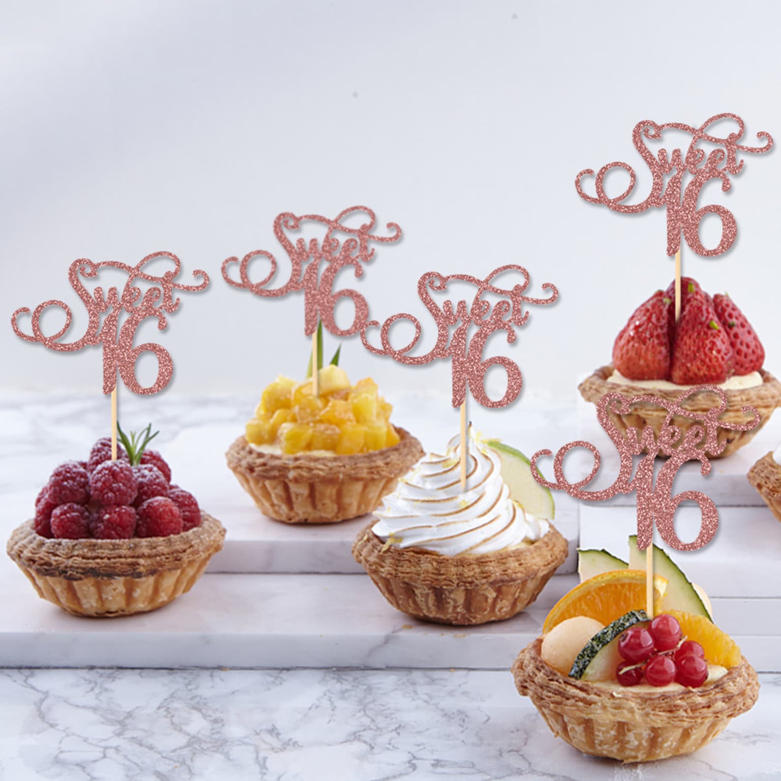 24 unids rosa oro brillo dulce 16 Cupcake Toppers 16 cumpleaños Cupcake ...