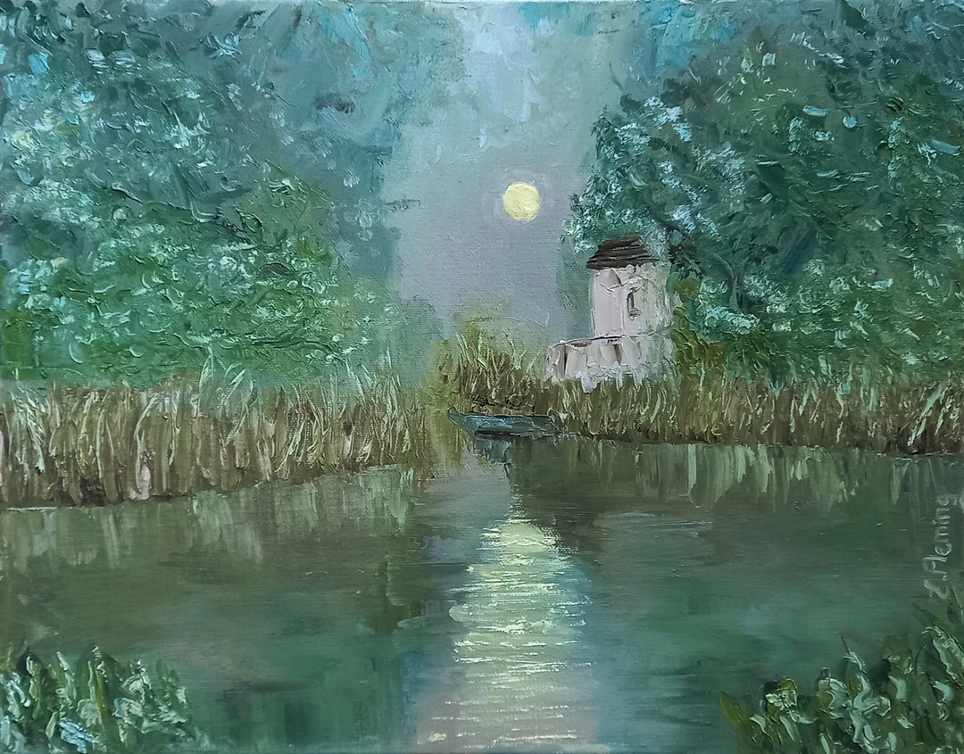 Oil Moonlight Painting Nocturne Art Nocturne in Oil Night Lake Painting ...