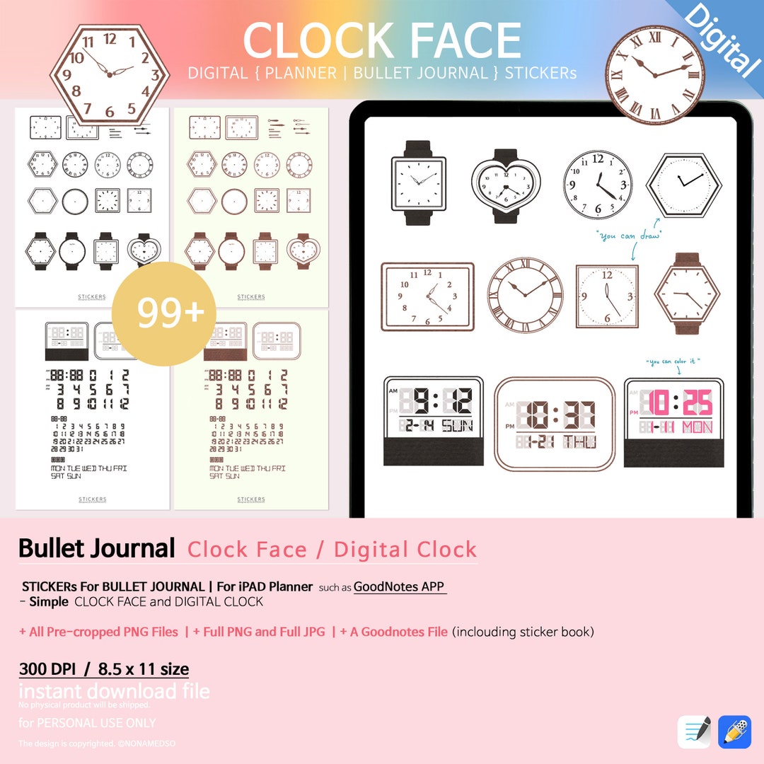 Simple Analog Clock Face and Digital Clock Sticker for iPad Planner and ...