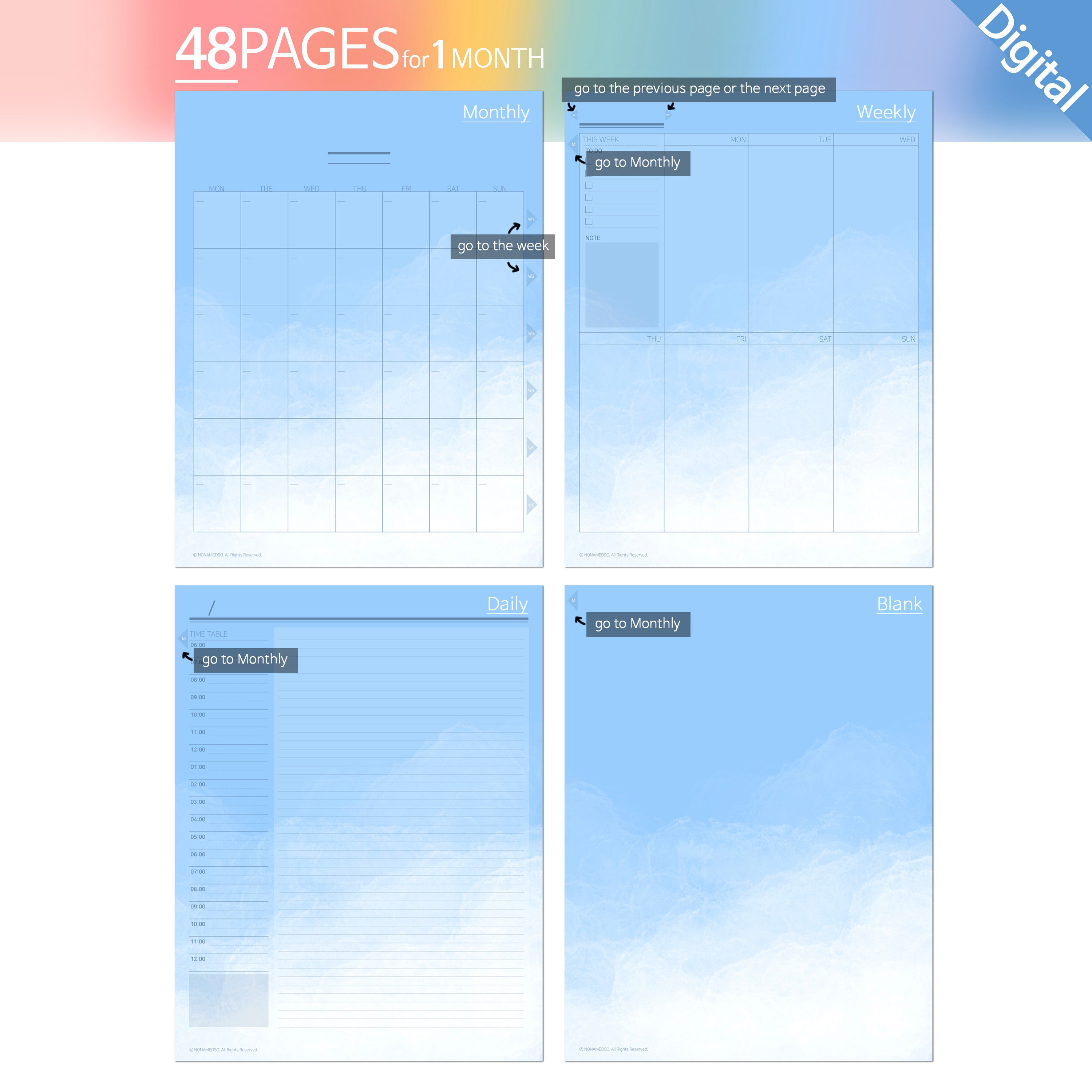 SKY Undated Digital Planner for 1 Month Monday Start - Etsy