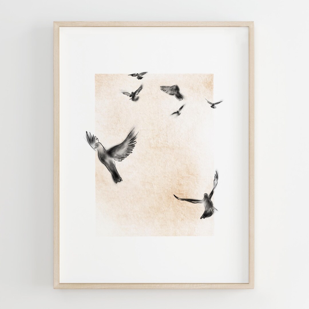 Minimalist Flying Birds Print — Charcoal Sketch Wall Art — Modern ...