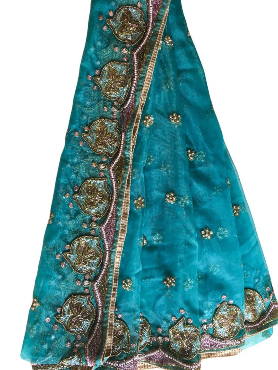 Teal Blue Net Dupatta With Heavy Beadwork – Indian Wedding Wrap Scarf ...