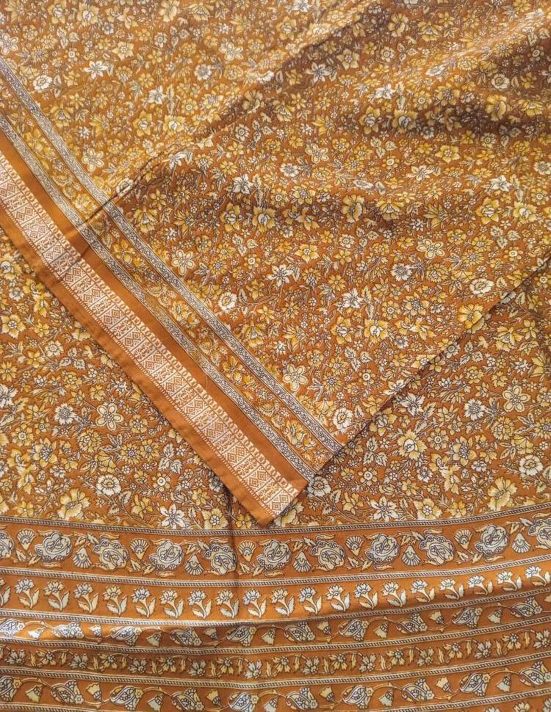Women's Vintage Rust Orange Floral Moss Crepe Saree Boho Chic Drape ...