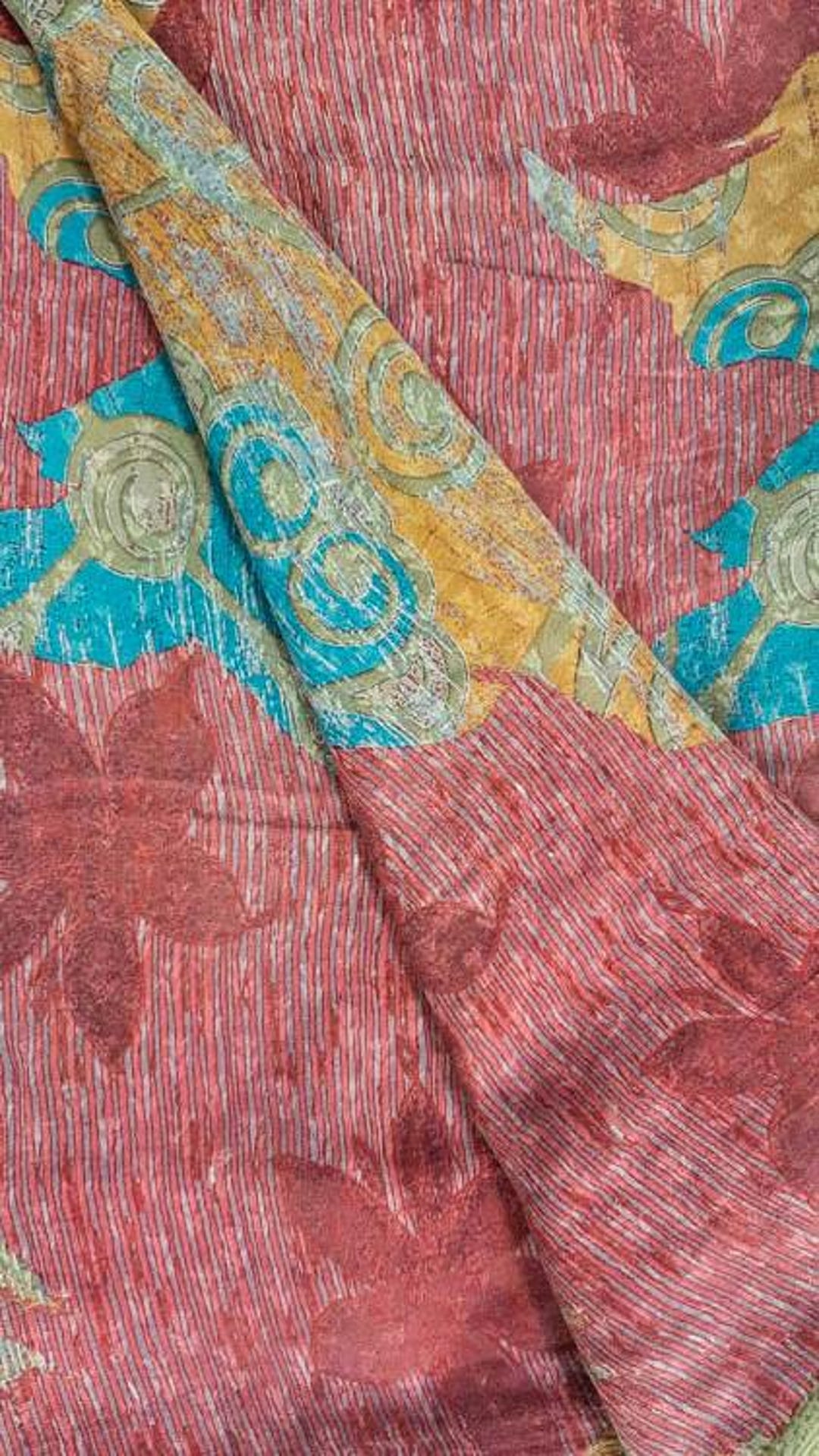 Women's Vintage Silk Chiffon Saree Abstract Wave Pattern in Burgundy ...