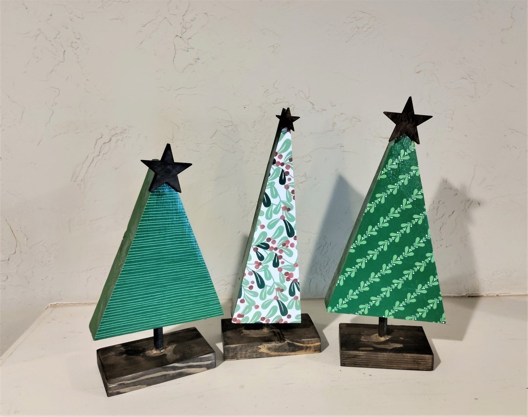 Tabletop Wood Christmas Tree Set - Green Prints (set of 3), Christmas ...